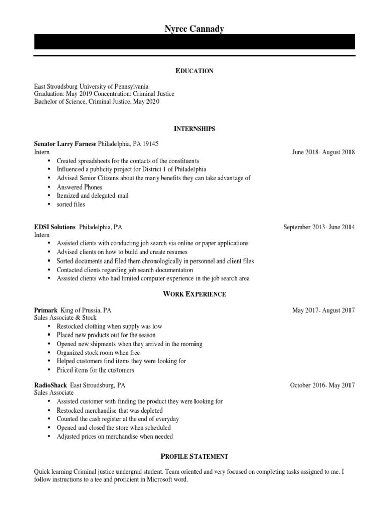 Nyree Cannadys Resume Edited | PDF | Pennsylvania | Internship