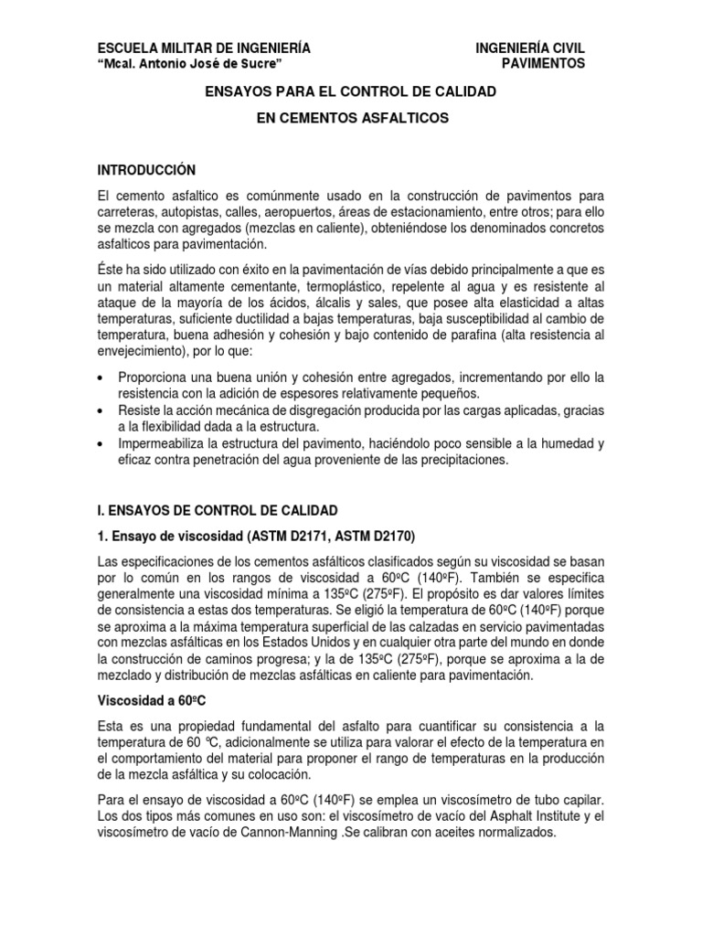 Ensayos Control de Calidad Cemento Asfáltico | PDF | Solubilidad | Ductilidad