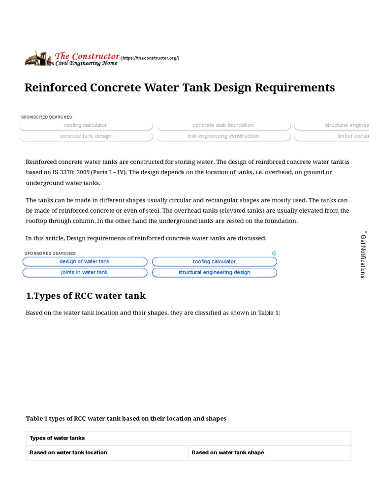 Reinforced Concrete Water Tank Design Requirements | PDF | Concrete ...