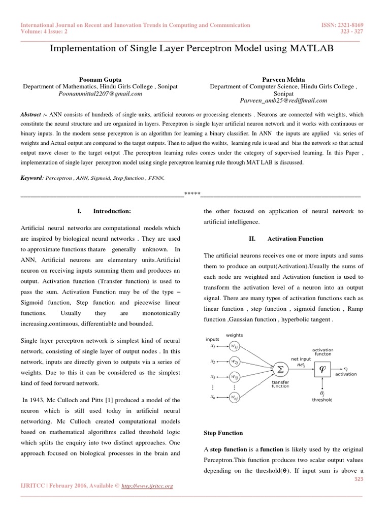Implementation Of Single Layer Perceptron Model Using Matlab Pdf Statistical Classification
