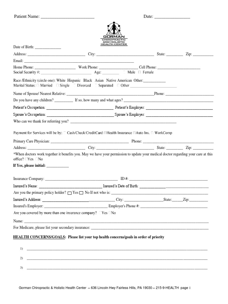 Patient Intake Form | PDF | Chiropractic | Health Care