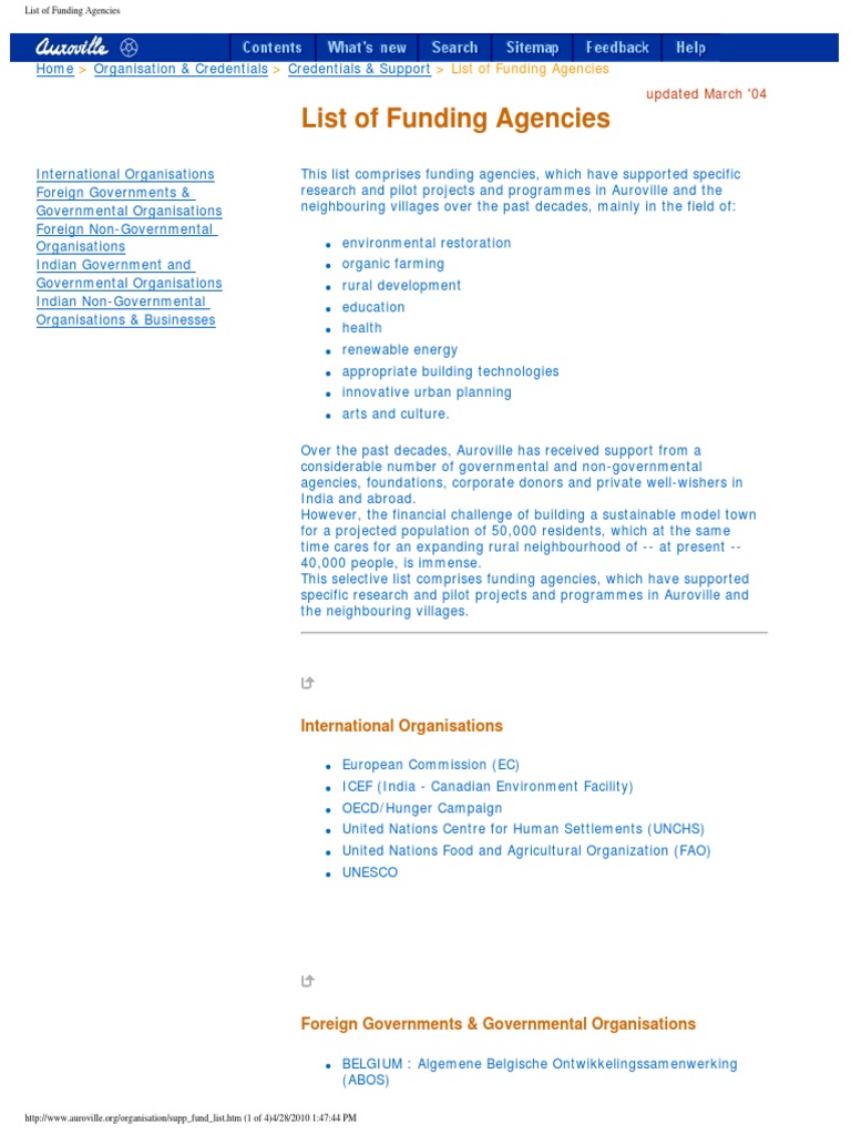 List of Funding Agencies by India | PDF | Auroville | Economic Development