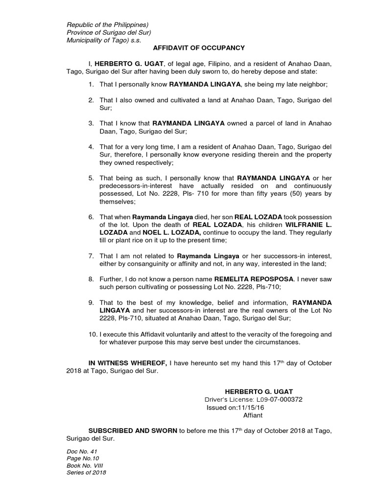 Affidavit Occupancy - Ugat | PDF | Affidavit | Document