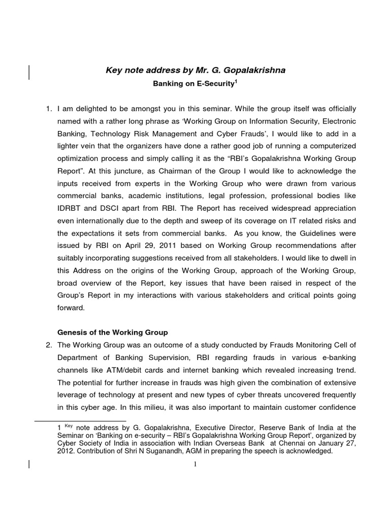 Key Note Address by Mr. G. Gopalakrishna: Banking On E-Security | PDF ...