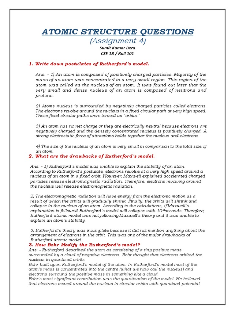 Atomic Structure Questions Pdf Electron Configuration Atoms