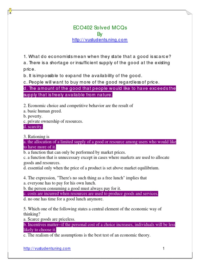 ECO402 Microeconomics MCQs Solutions | PDF | Supply And Demand | Profit ...