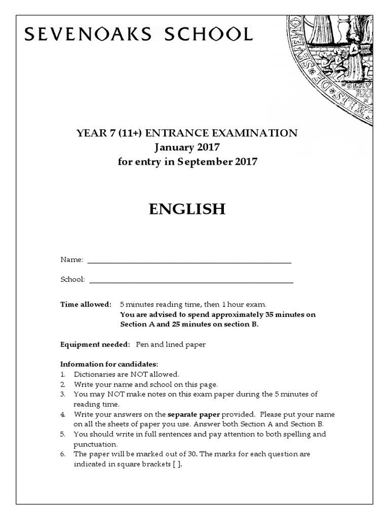 Sevenoaks School ENGLISH Y7 2017 Exam Paper | PDF