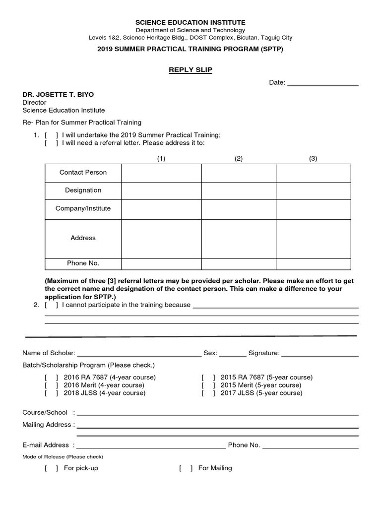 Reply Slip: Department of Science and Technology Levels 1&2, Science ...