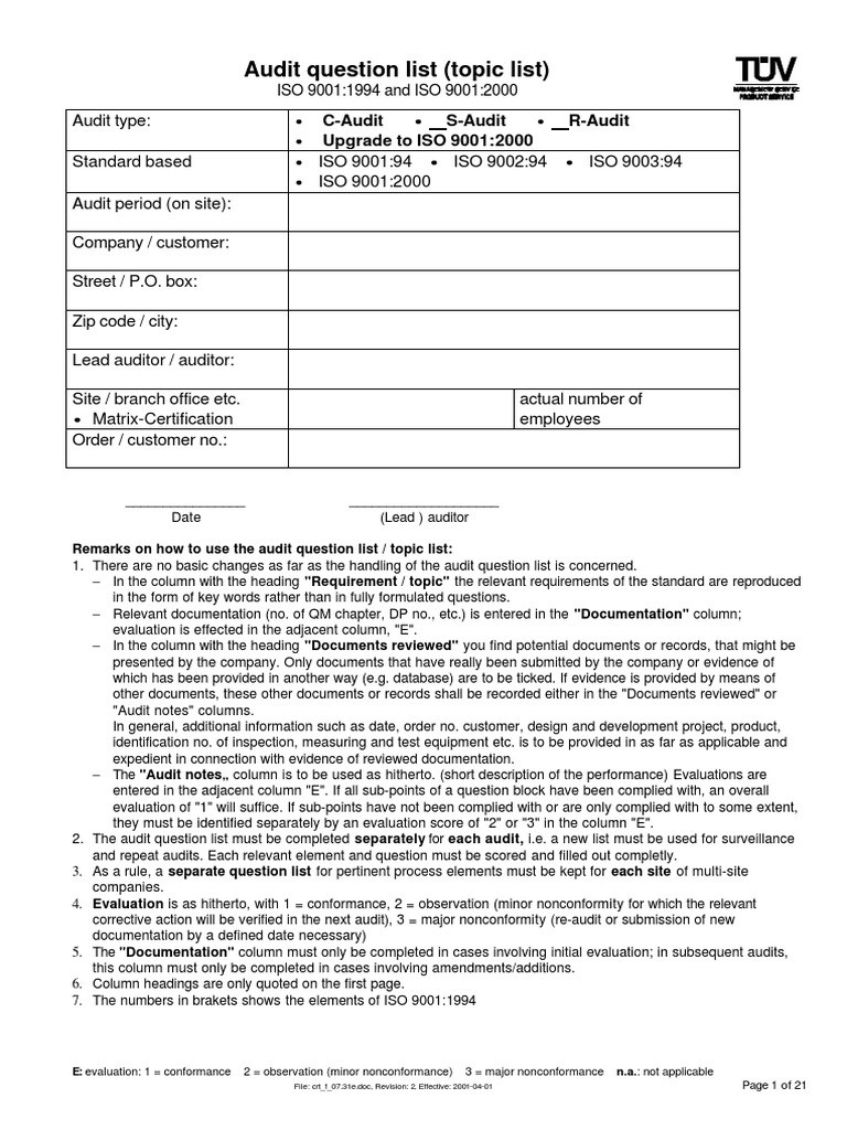 Audit Question List For ISO 9001 | PDF | Verification And Validation ...