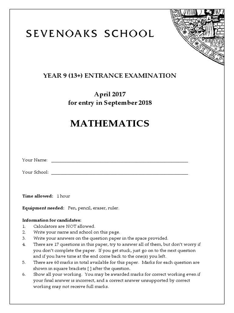 Year 9 Entrance Exam Mathematics Paper | PDF | Numbers | Area