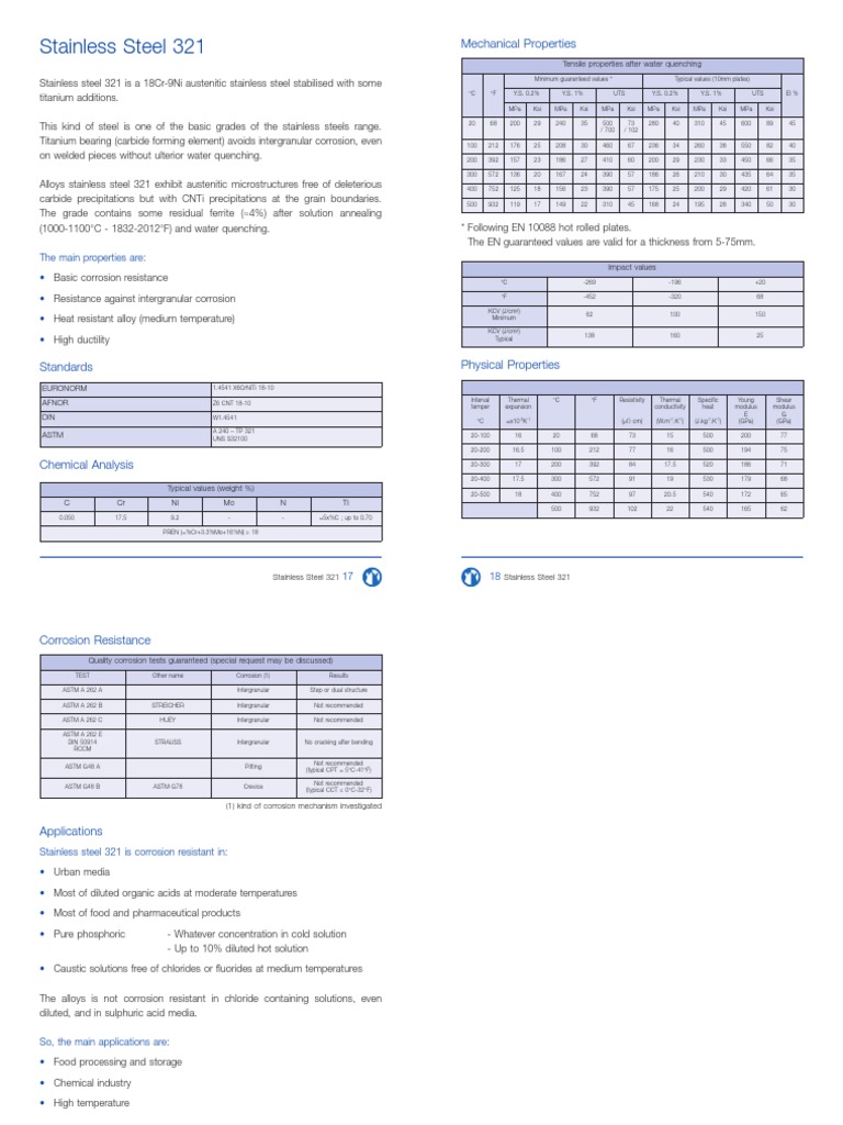 Stainless Steel 321 Technical Data | PDF | Stainless Steel | Steel