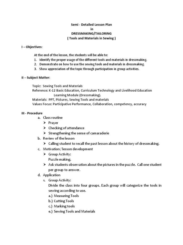 Semi - Detailed Lesson Plan in Dressmaking/Tailoring (Tools and ...