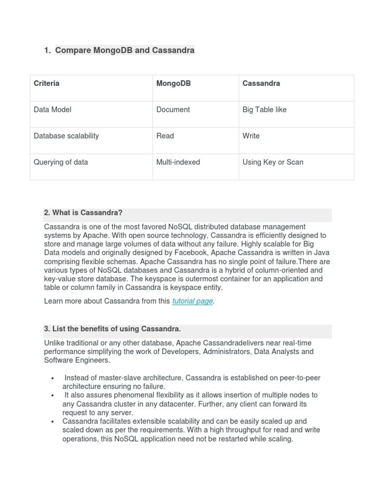 Compare Mongodb and Cassandra | PDF | No Sql | Scalability