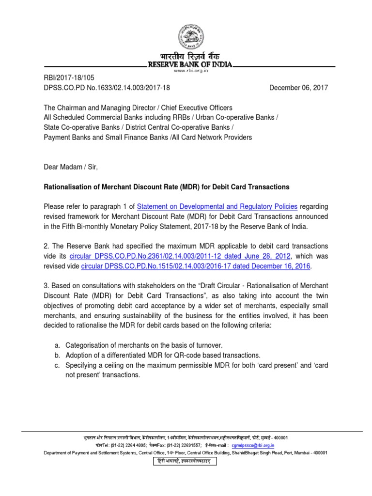 Rationalisation of Merchant Discount Rate (MDR) For Debit Card ...