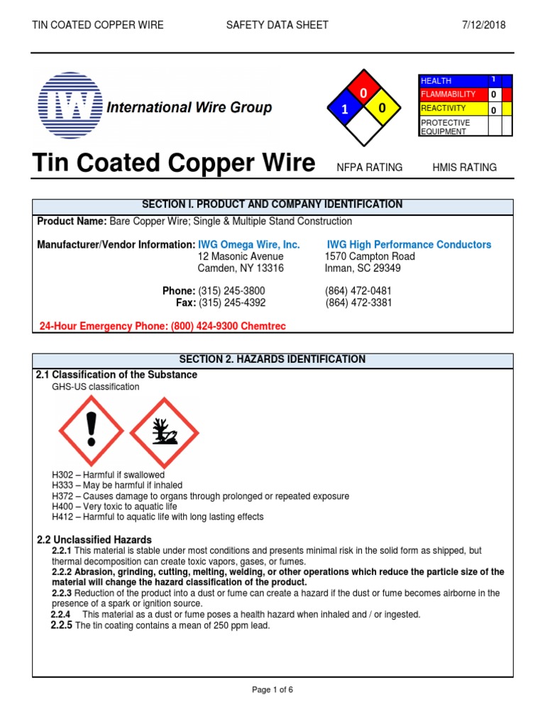 Tin Coated Copper Wire SDS - V2 | PDF | Chlorine | Firefighting