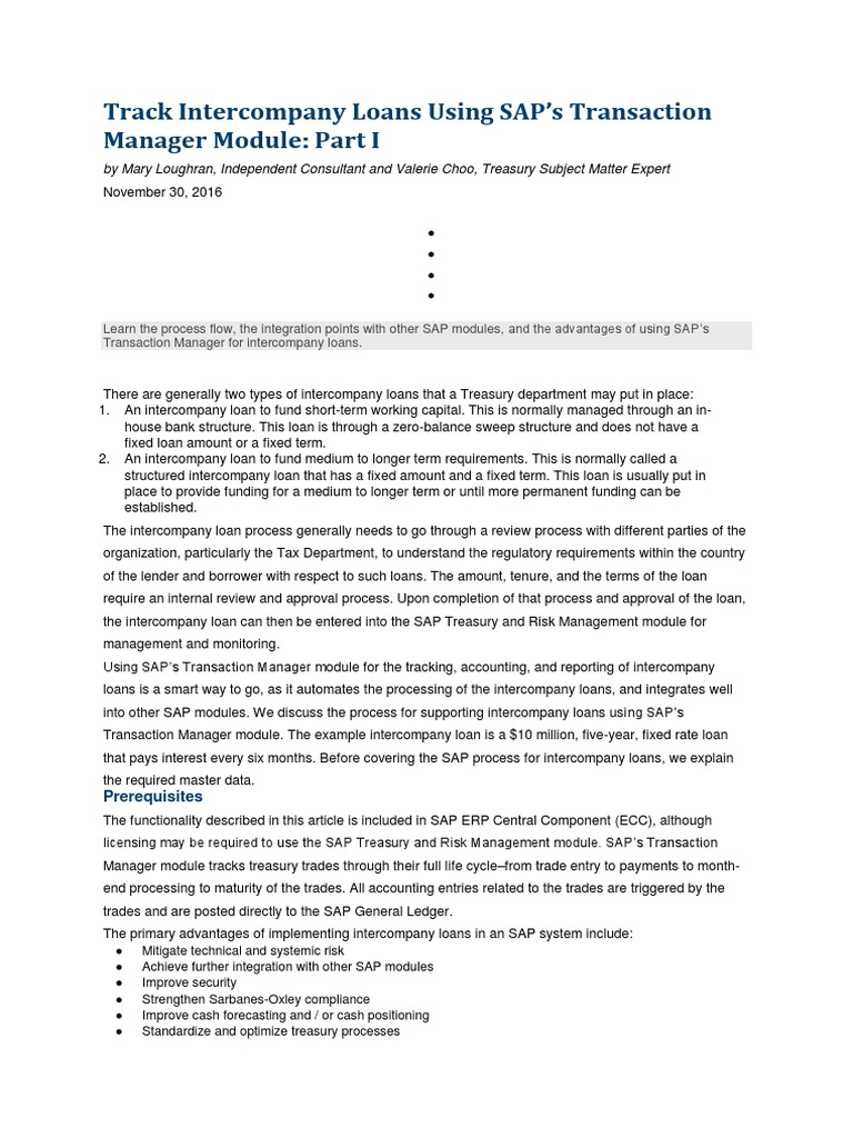 Track Intercompany Loans Using SAP's Transaction Manager Module: Part I ...