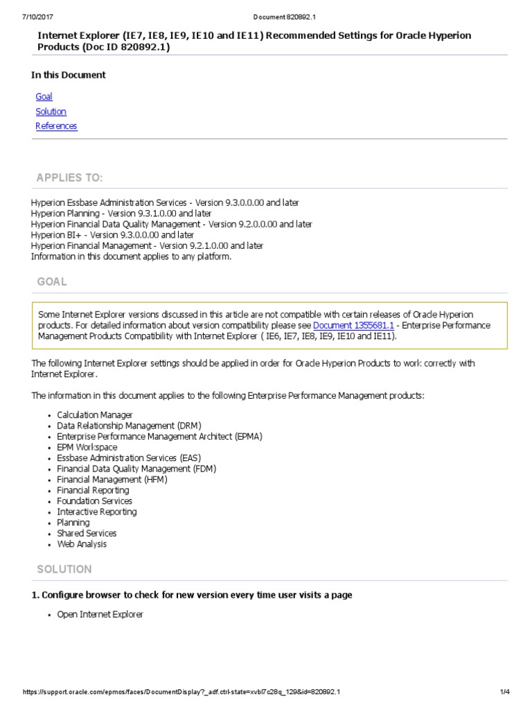 Internet Explorer Ie7 Ie8 Ie9 Ie10 And Ie11 Recommended Settings For Oracle Hyperion Products 
