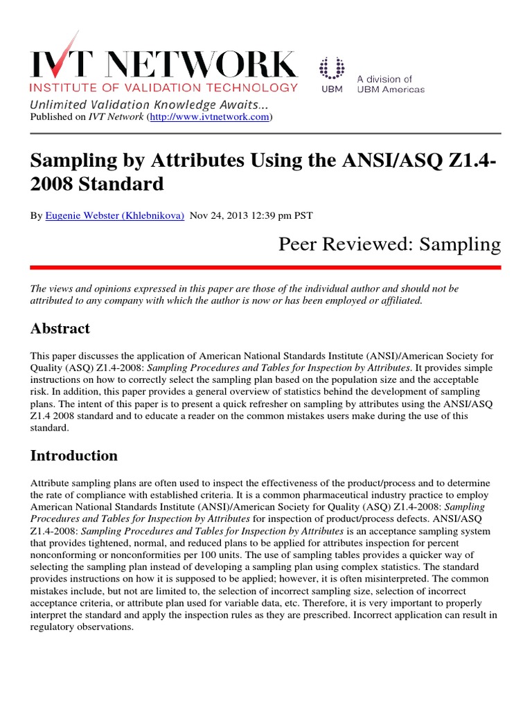 Sampling by Attributes Using the ANSI/ASQ Z1.4-2008 Standard | PDF ...