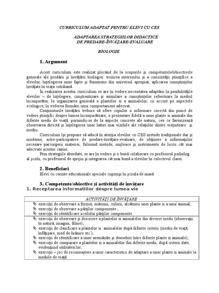 Curriculum Adaptat Pentru Elevi Cu Ces | PDF