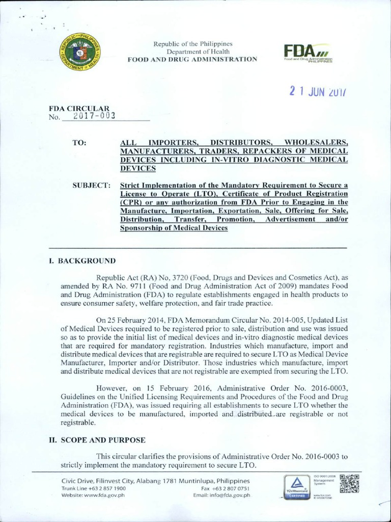 FDA Circular No. 2017 003 Strict LTO Implementation | PDF