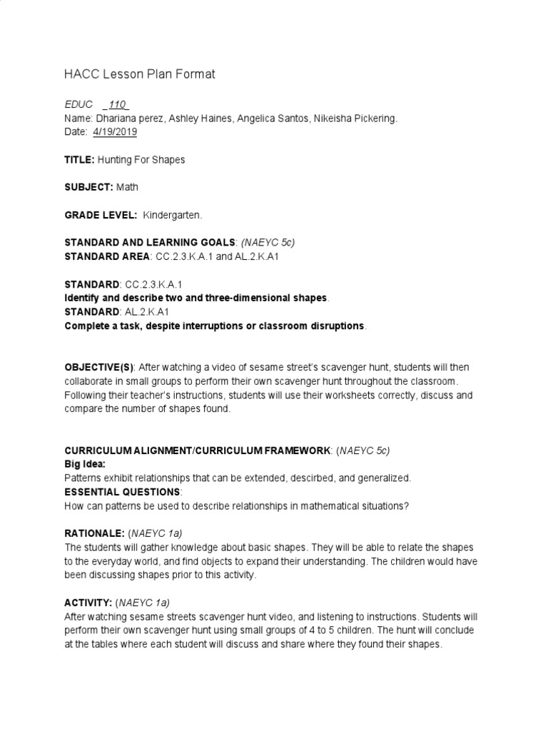 HACC Lesson Plan Format: Educ - 110 | PDF | Teachers | Curriculum