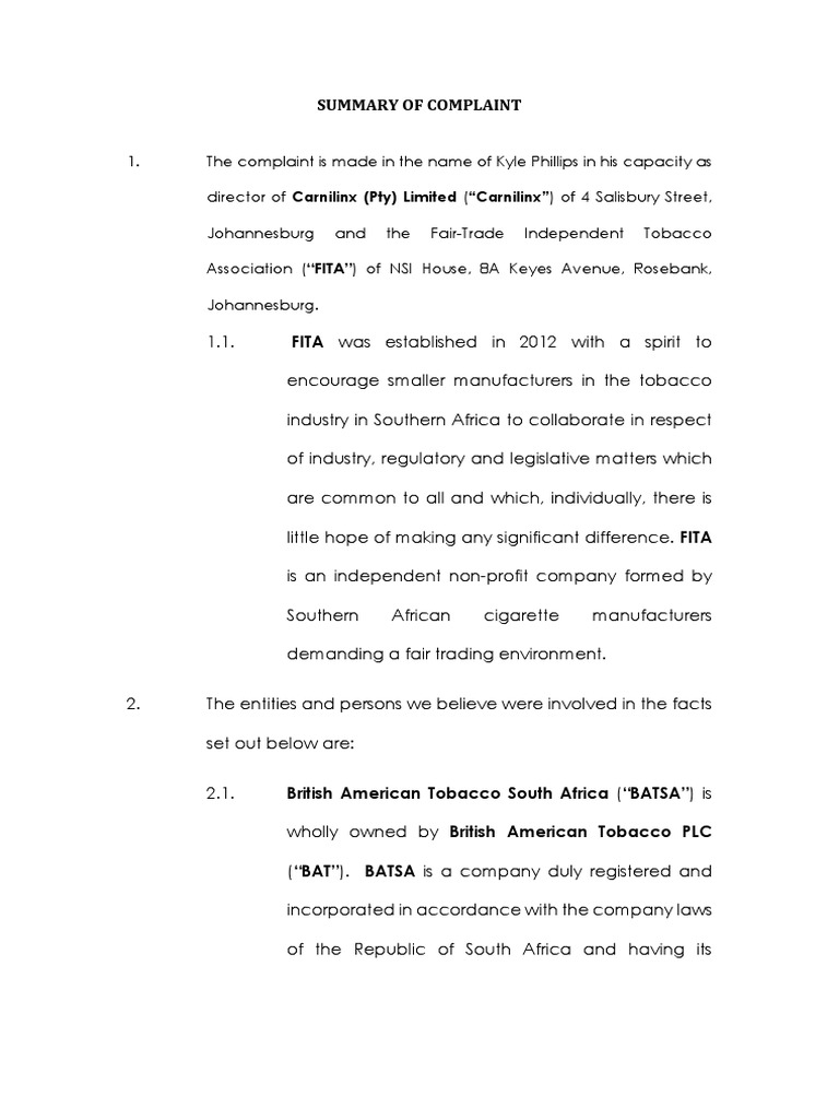 Summary of Complaint by Carnilinx Tobacco | PDF | South Africa | Government