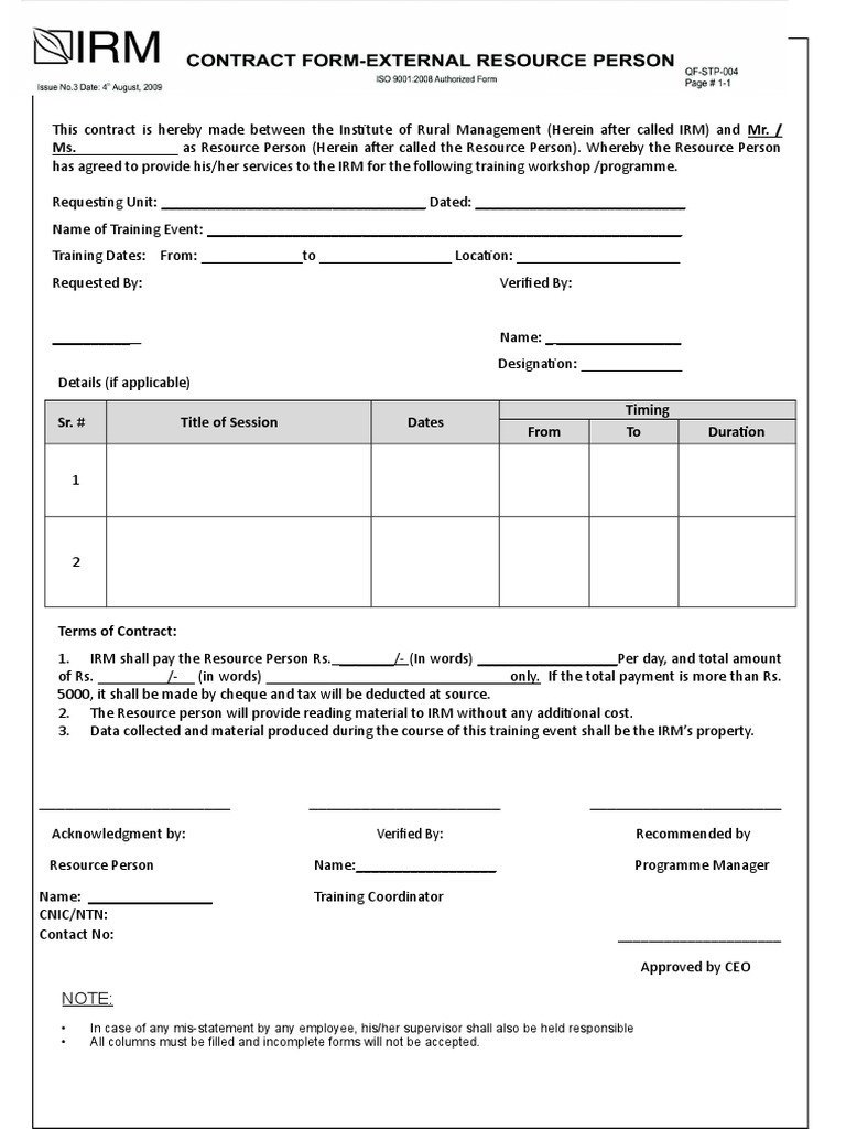 Resource Person Contract Form | PDF | Taxation | Government Finances
