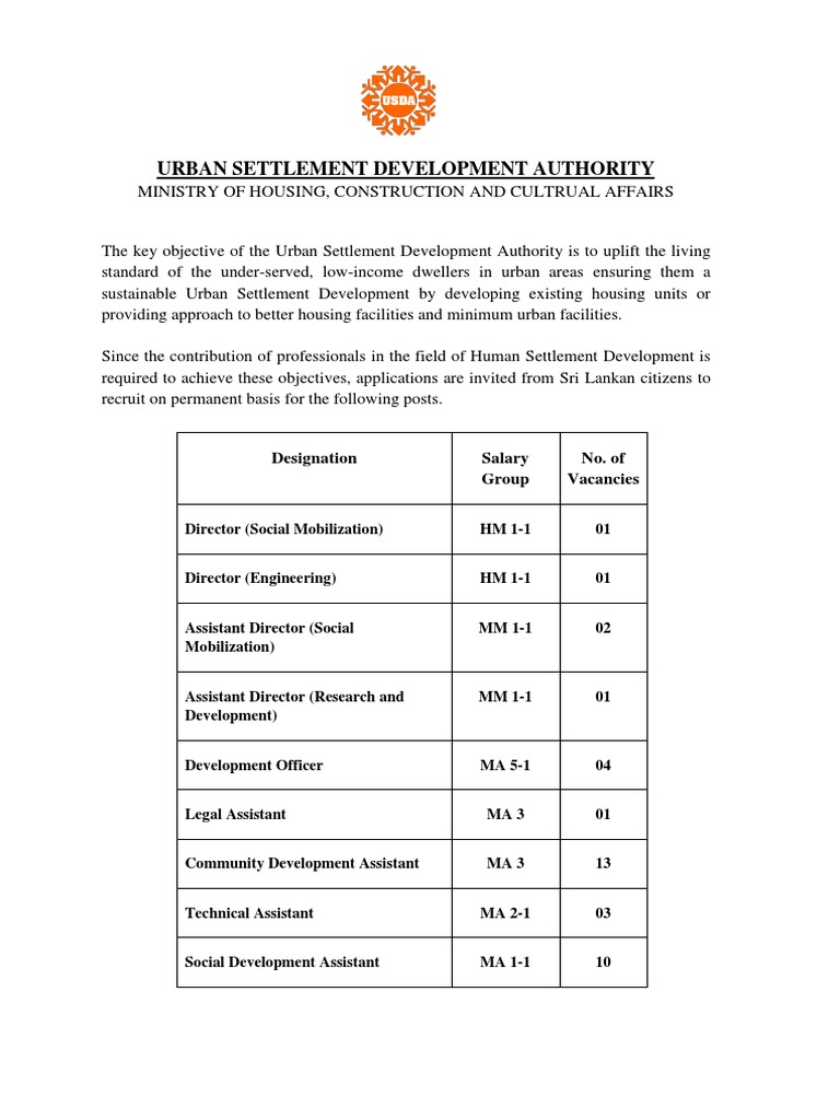 Urban Settlement Development Authority: Designation Salary Group No. of ...