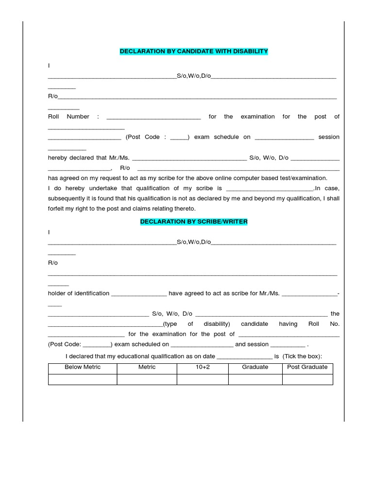 Scribe Declaration for Exam Candidates | PDF | Test (Assessment)
