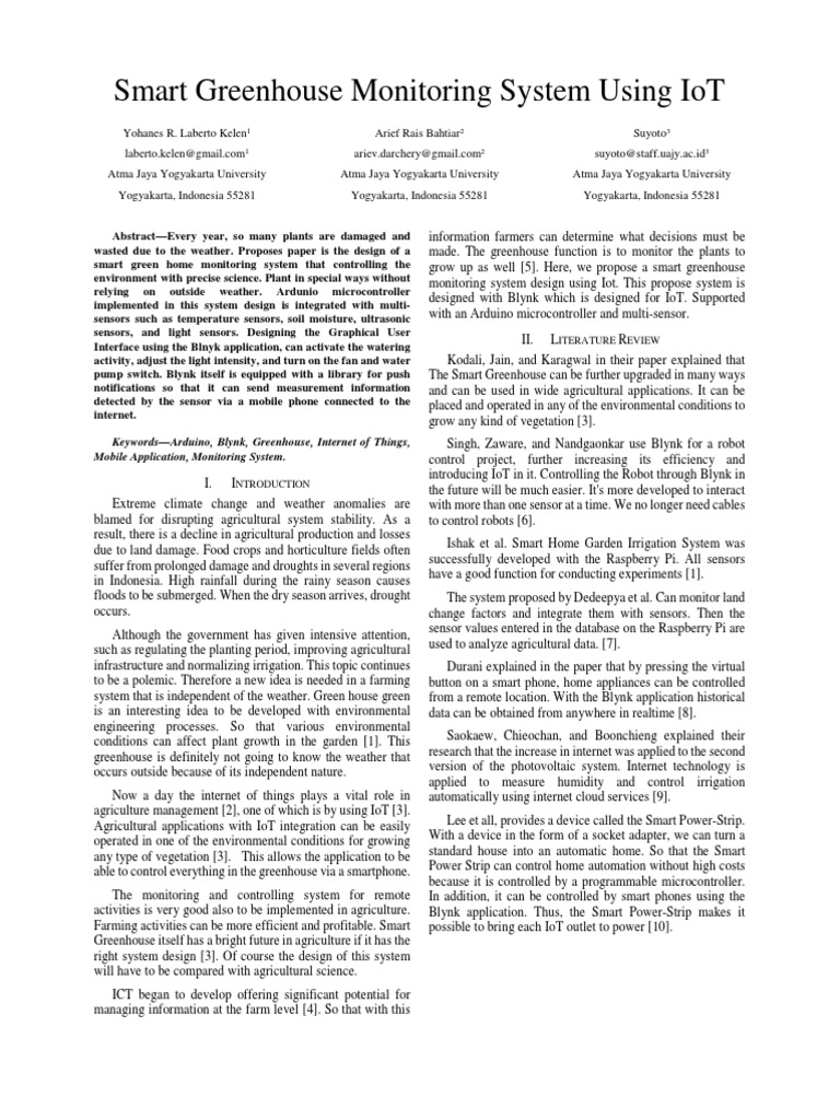 Smart Greenhouse Monitoring System Using IoT | Download Free PDF | Internet Of Things | Sensor