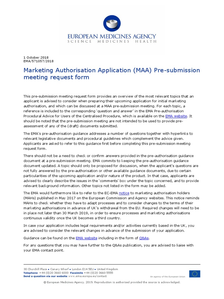 Marketing Authorisation Application Maa Pre Submission Meeting Request Form Human En Pdf