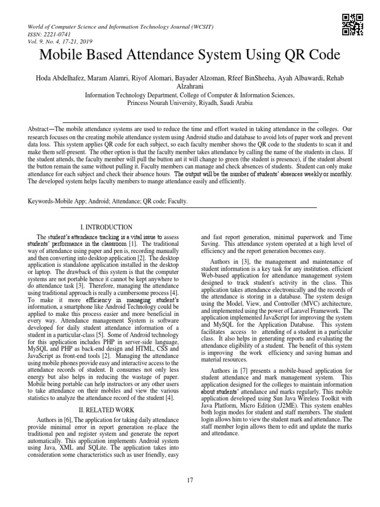 Mobile Based Attendance System Using Qr Code Pdf Web Application Application Software