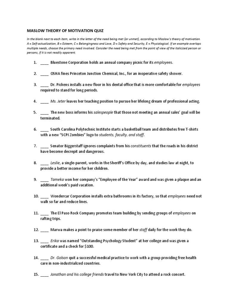 Maslow Theory of Motivation Quiz | Download Free PDF | Motivation ...