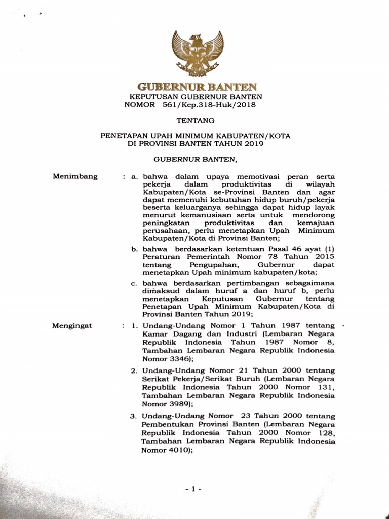 SK Penetapan UMP Banten 2019 PDF | PDF