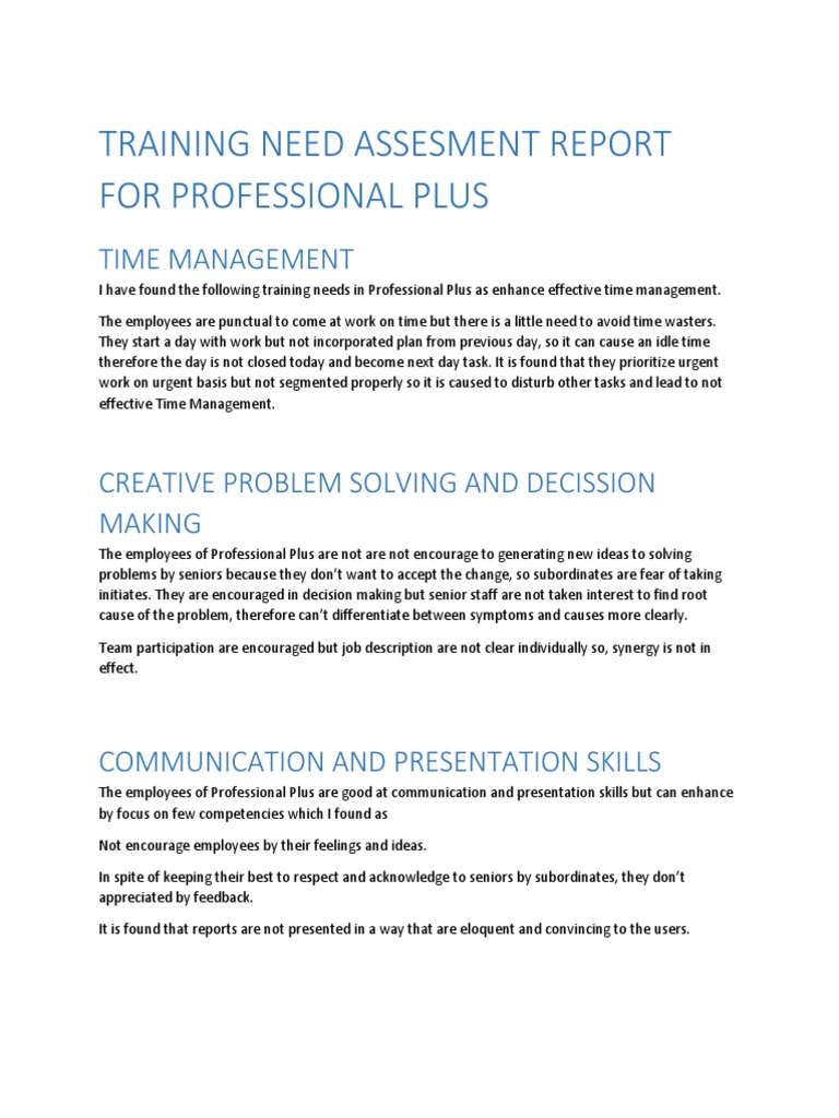 Training Need Assesment Report For Professional Plus: Time Management | PDF