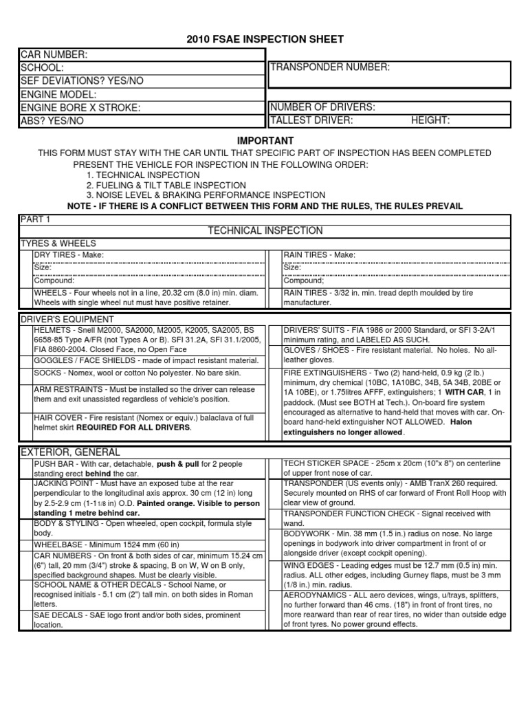 FSAE 2010 Technical Inspection Checklist | PDF | Suspension (Vehicle ...