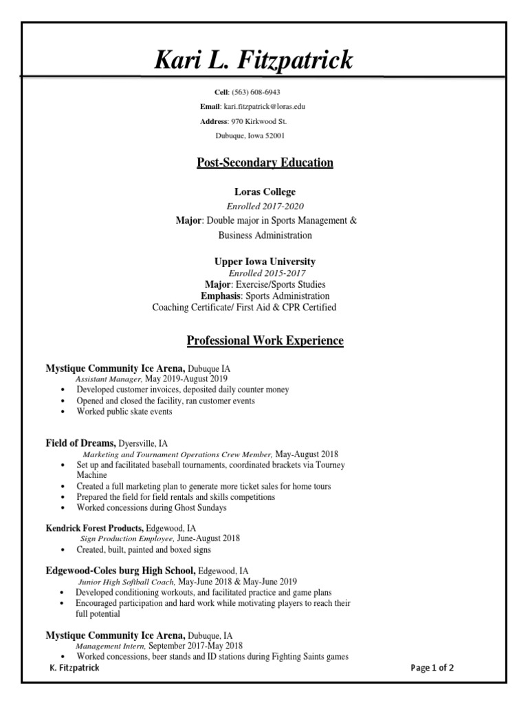 Fitzpatrick Kari Resume | PDF | Sports