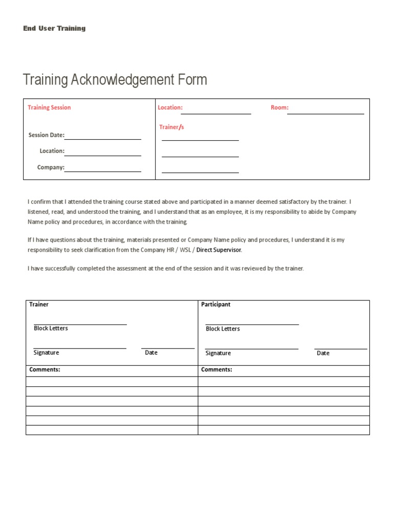 Training Acknowledgement Form: Training Session Location: Room | PDF