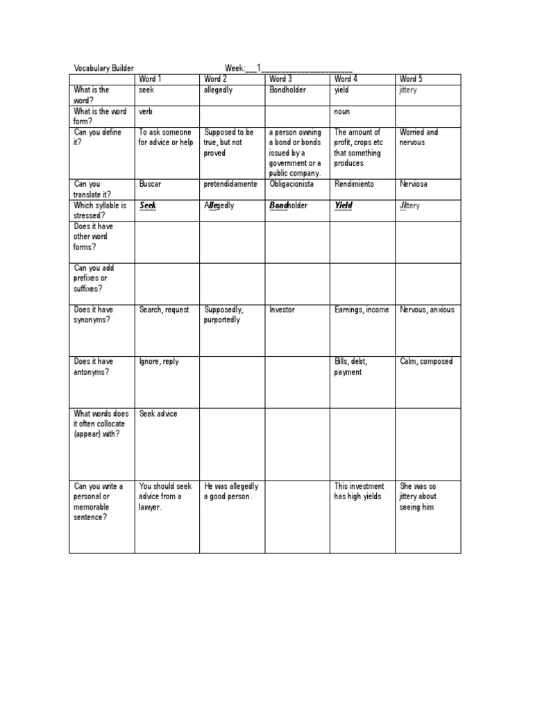 Vocabulary Builder Week | PDF | Loans | Word