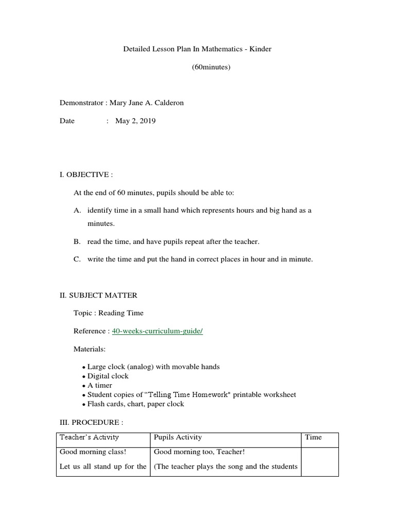 Detailed Lesson Plan in Numeracy For Kindergarten | PDF | Clock ...
