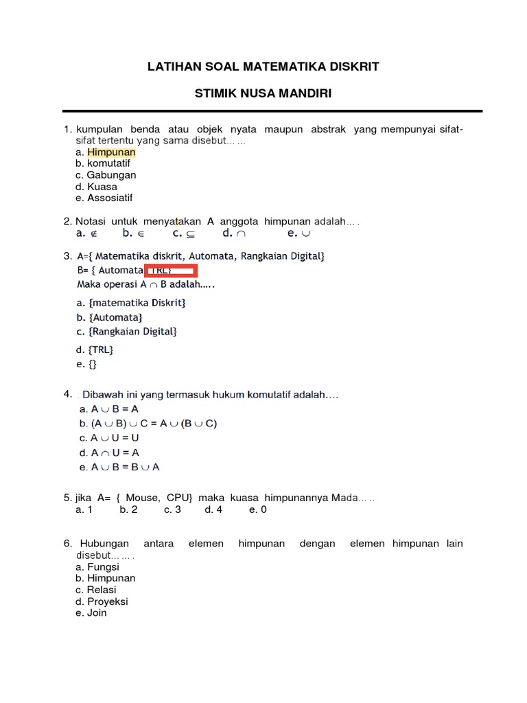 Latihan Soal Pra Uts Matdis | PDF
