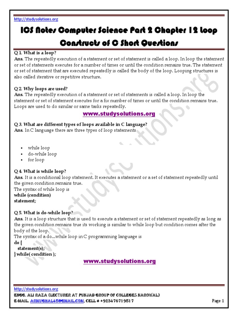 Ics Notes Computer Science Part 2 Chapter 12 Loop Constructs Of C Short