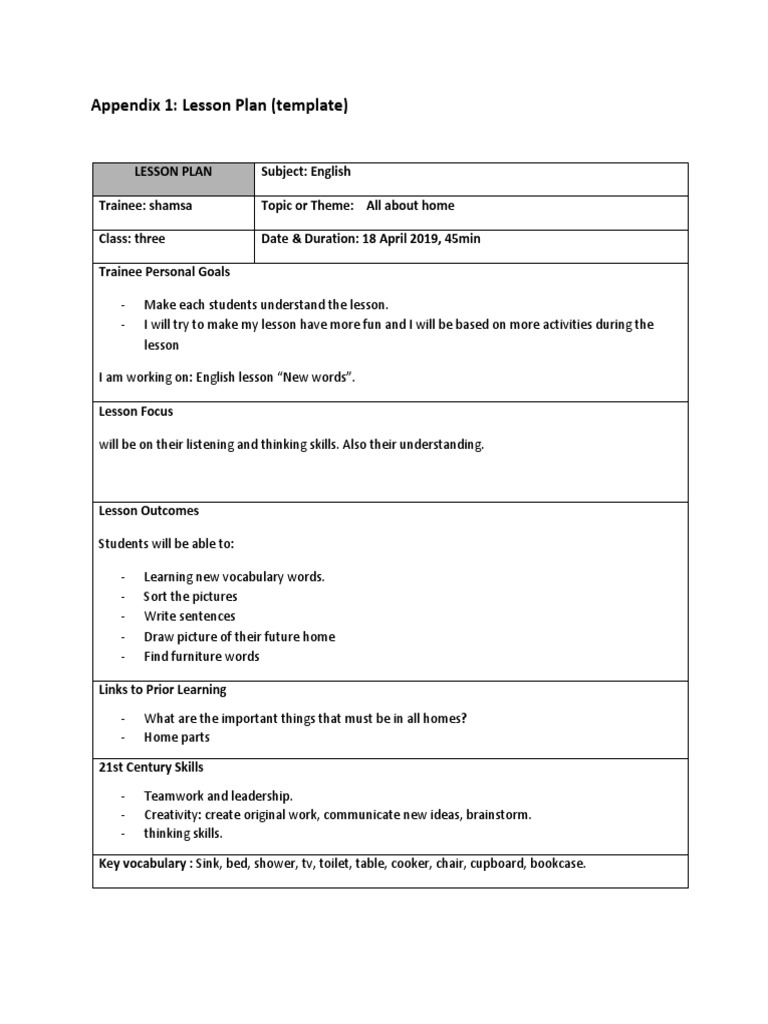 Appendix 1: Lesson Plan (Template) | PDF | Lesson Plan | Education Theory