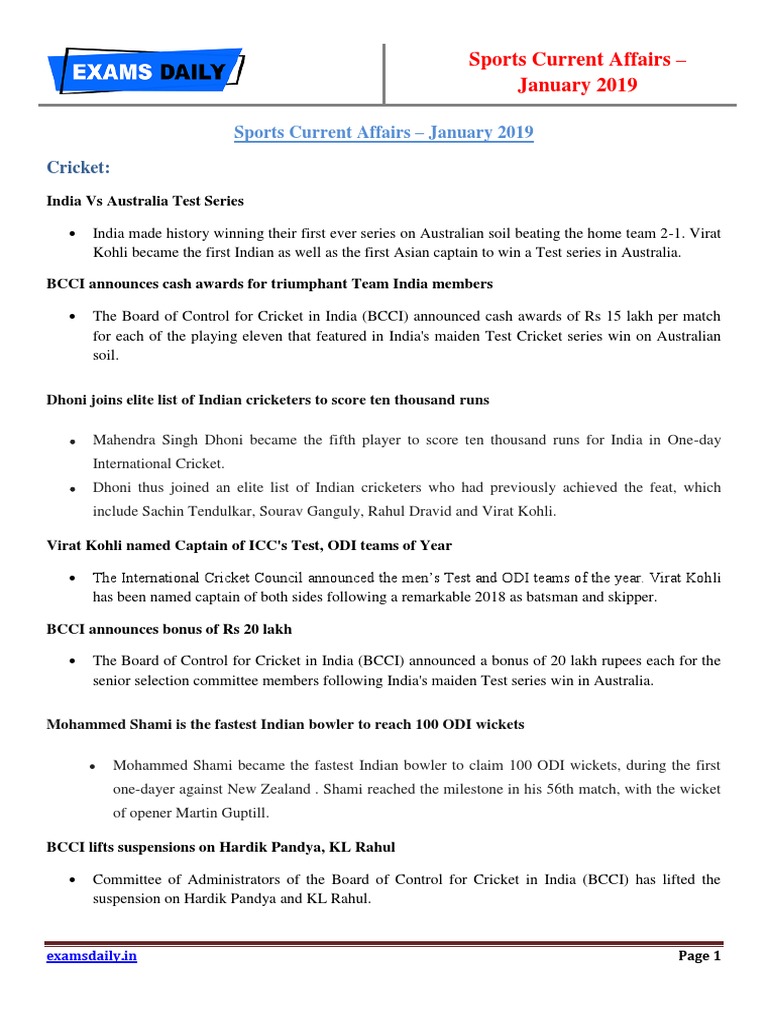 Sports Current Affairs - Janurary 2019 | PDF | Cricket | Sports