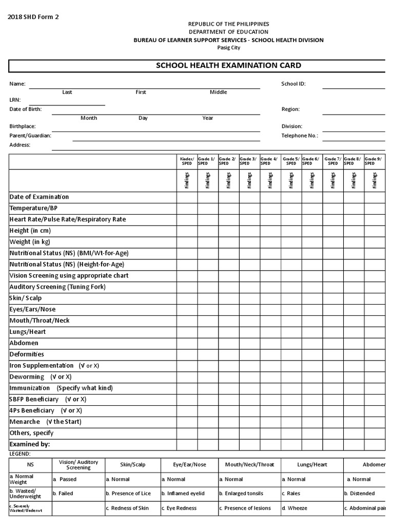School Health Examination Card: Republic of The Philippines Department ...