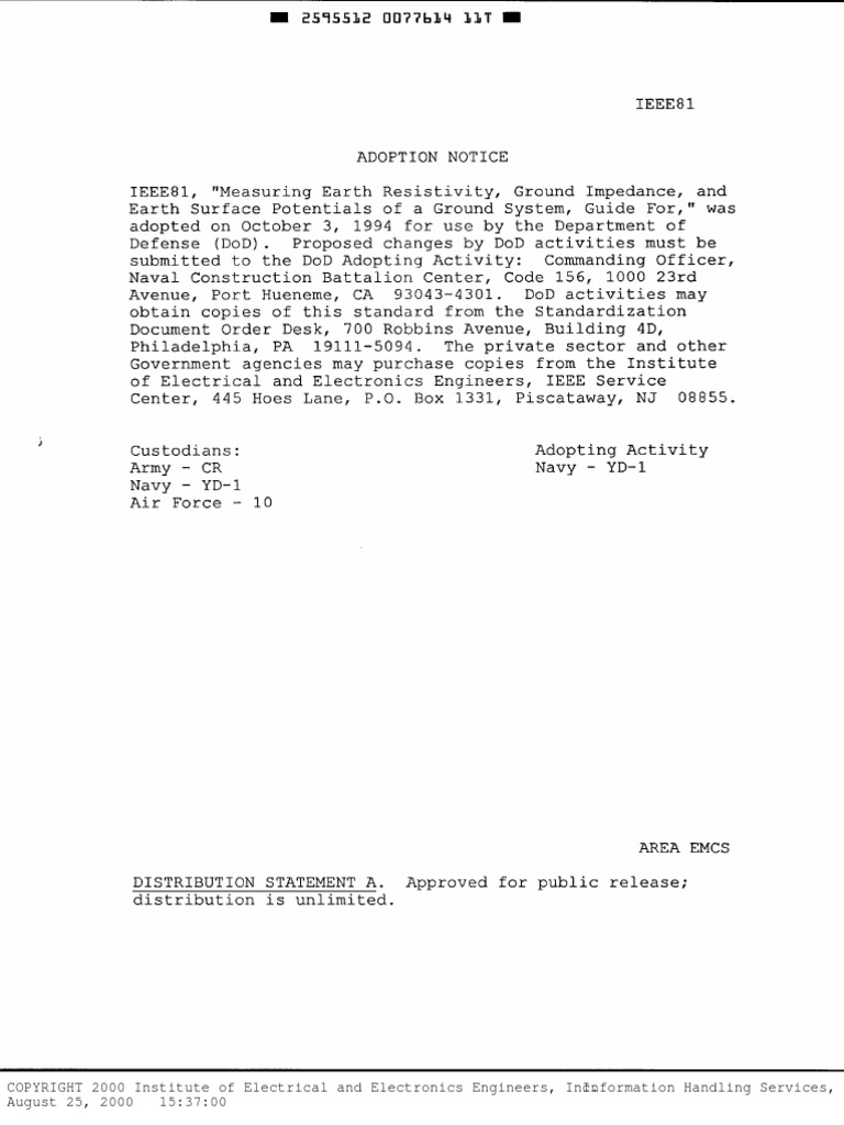 IEEE STD 81-1983 Guide For Measuring Earth Resistivity Ground Impedance ...