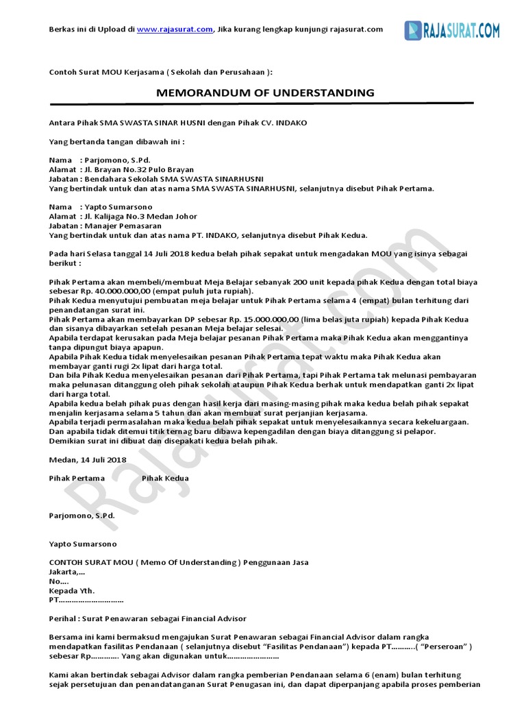 Contoh MOU Kerjasama Sekolah-Perusahaan | PDF