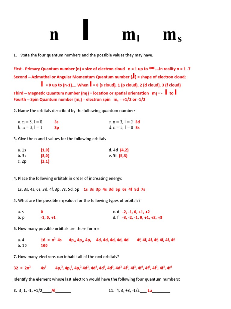 1.5.1-Quantum Numbers Worksheet Key | PDF | Atomic Orbital | Quantum Chemistry