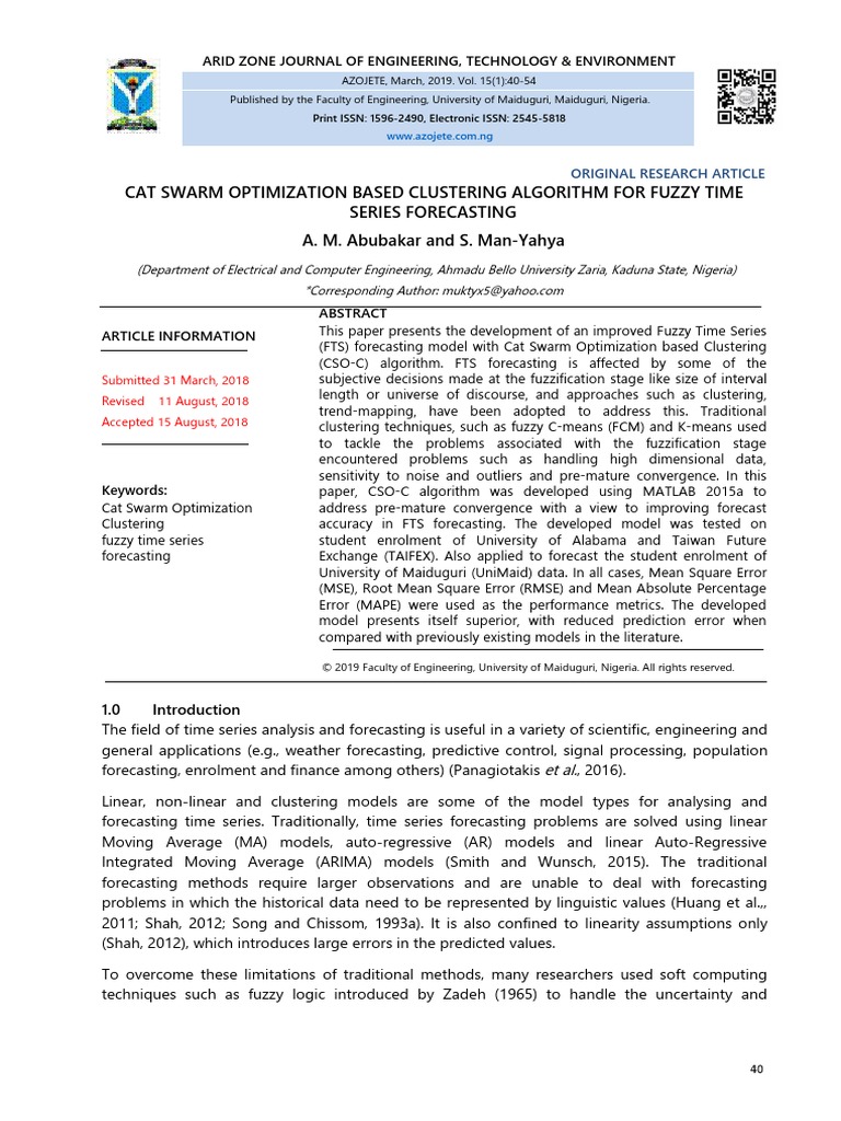 Cat Swarm Optimization Based Clustering Algorithm For Fuzzy Time Series Forecasting | PDF ...