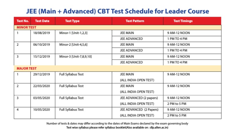 JEE Main Advanced CBT Test Schedule | PDF